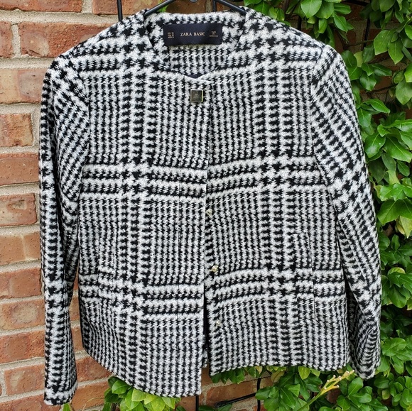 Zara | Jackets & Coats | Zara Houndstooth Print Black White Cropped ...